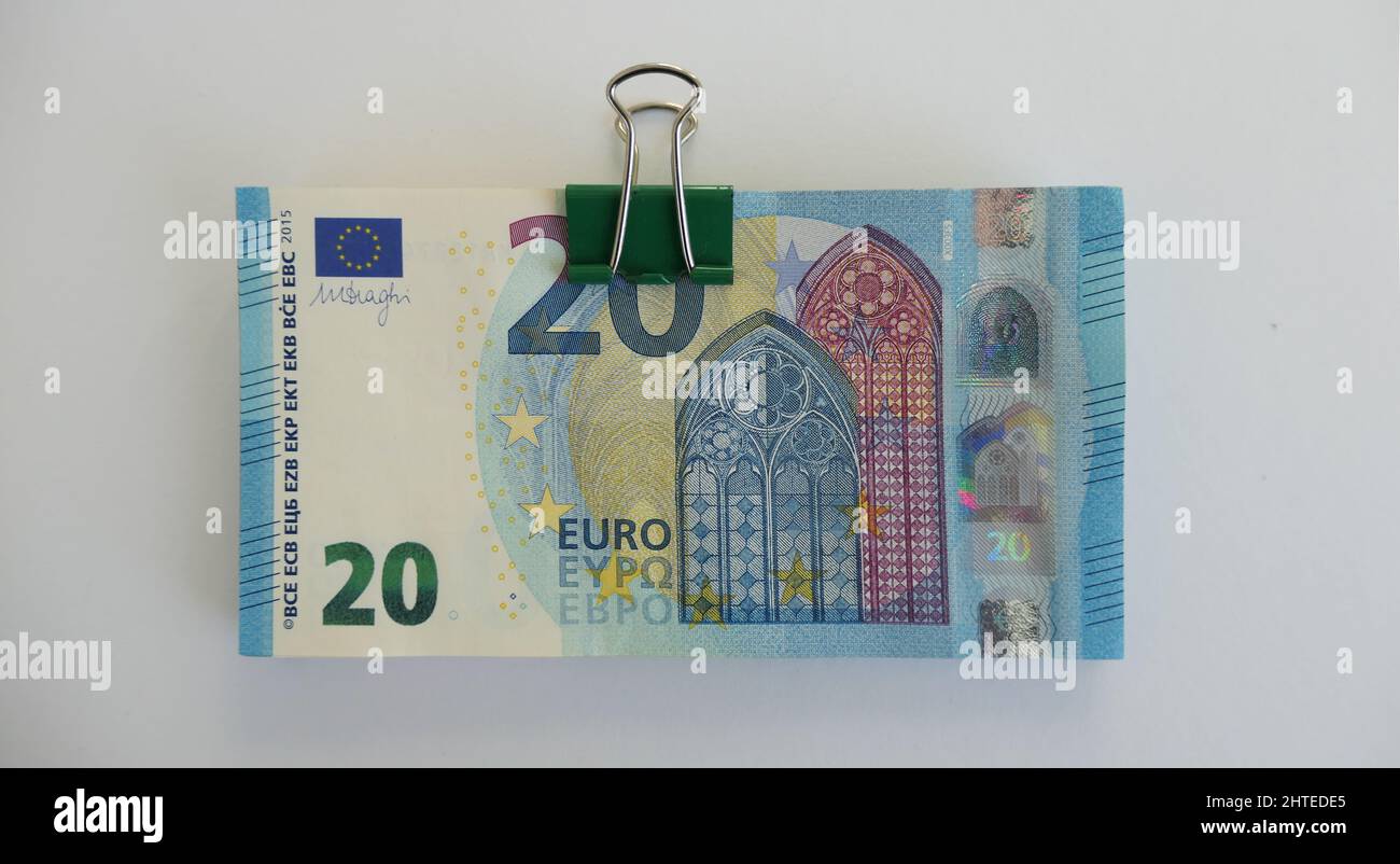 stack of 20 twenty euro banknotes with letter foldback clip - isolated ...