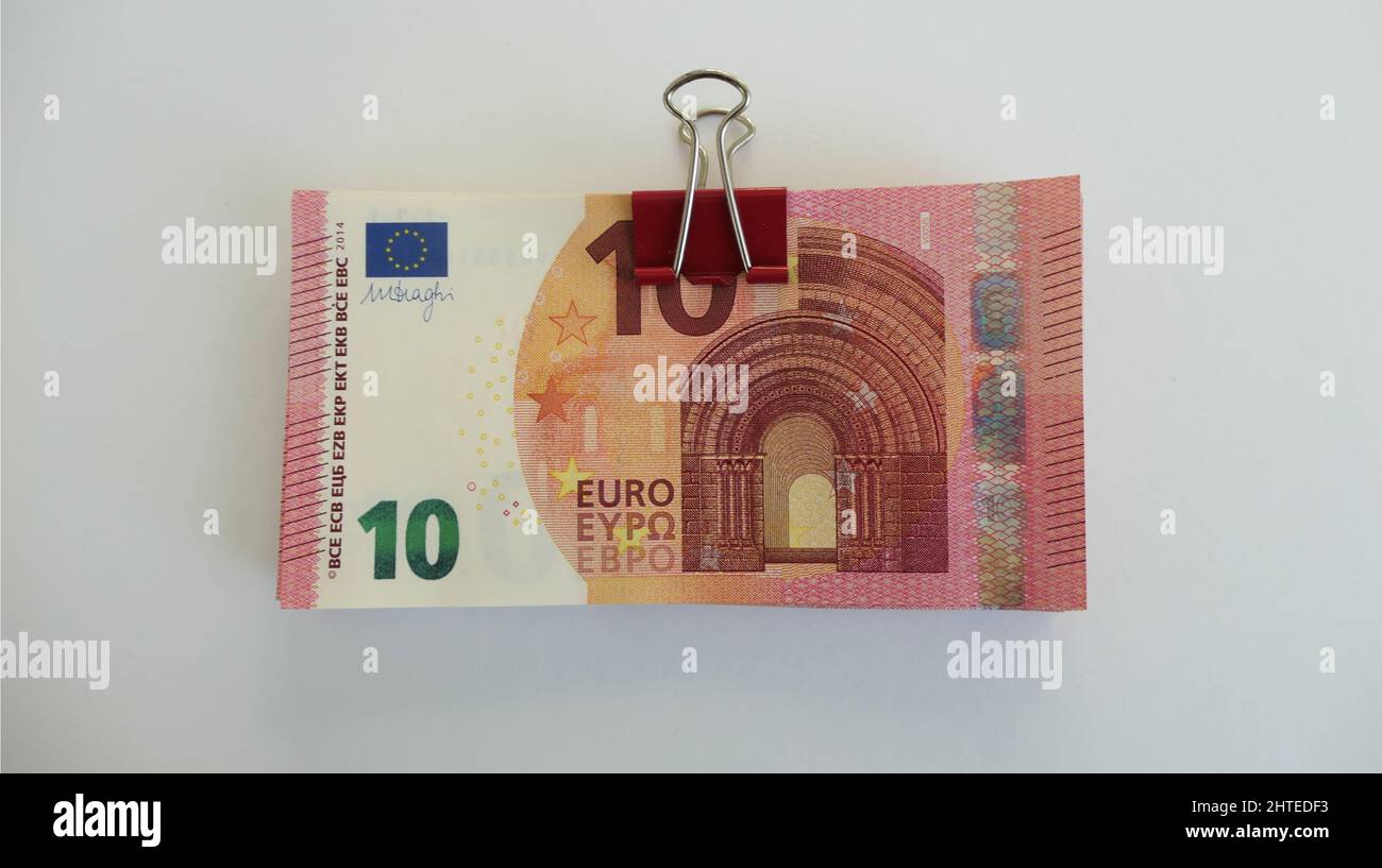 stack of 10 ten euro banknotes with letter foldback clip - isolated ...