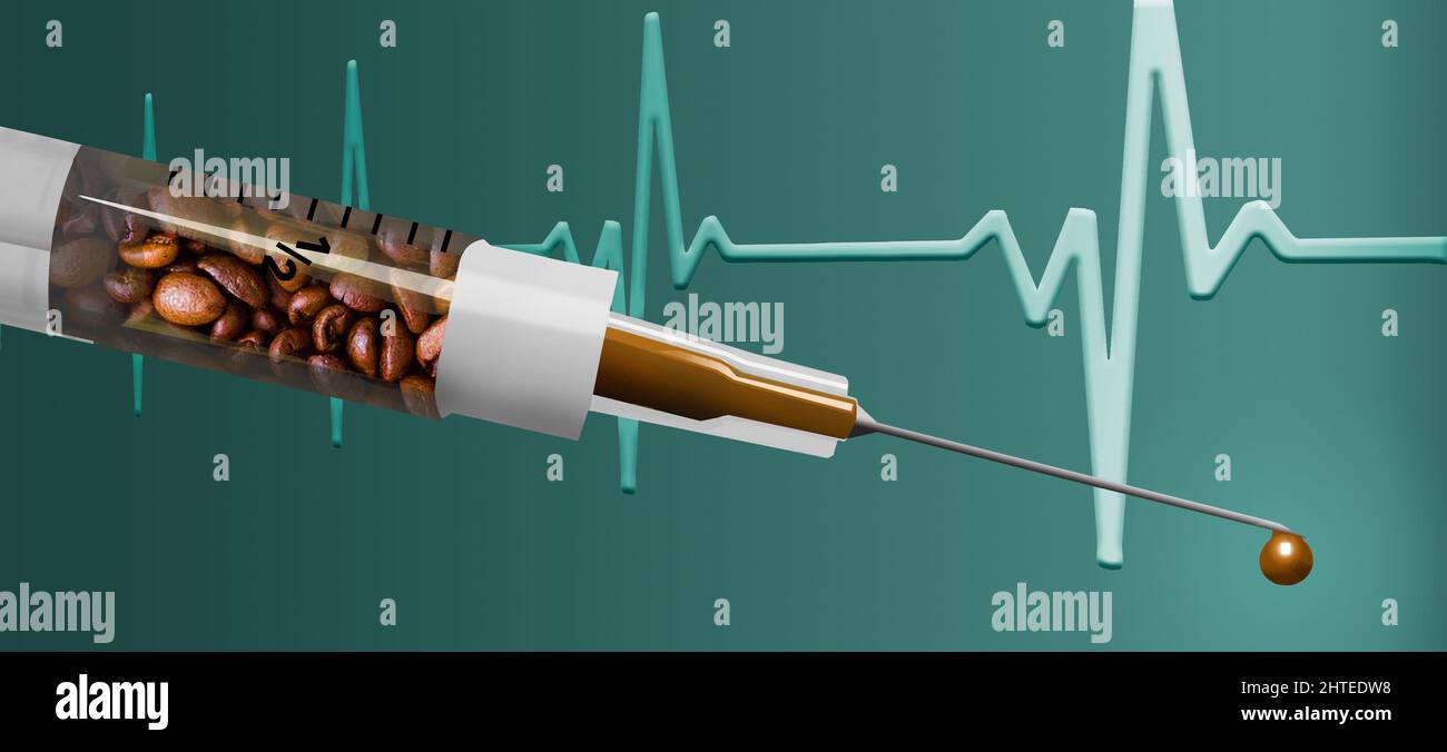 Coffee beans are inside a medical syringe to illustrate that caffeine ...