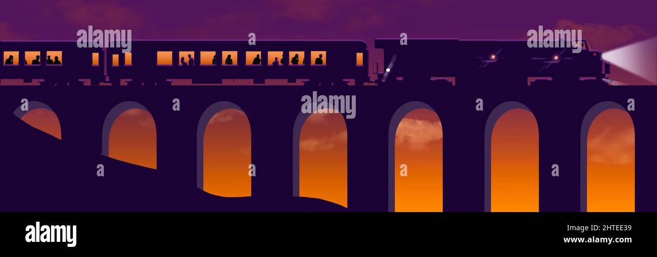 A passenger train is seen crossing a trestle bridge at sunset in this 3 ...