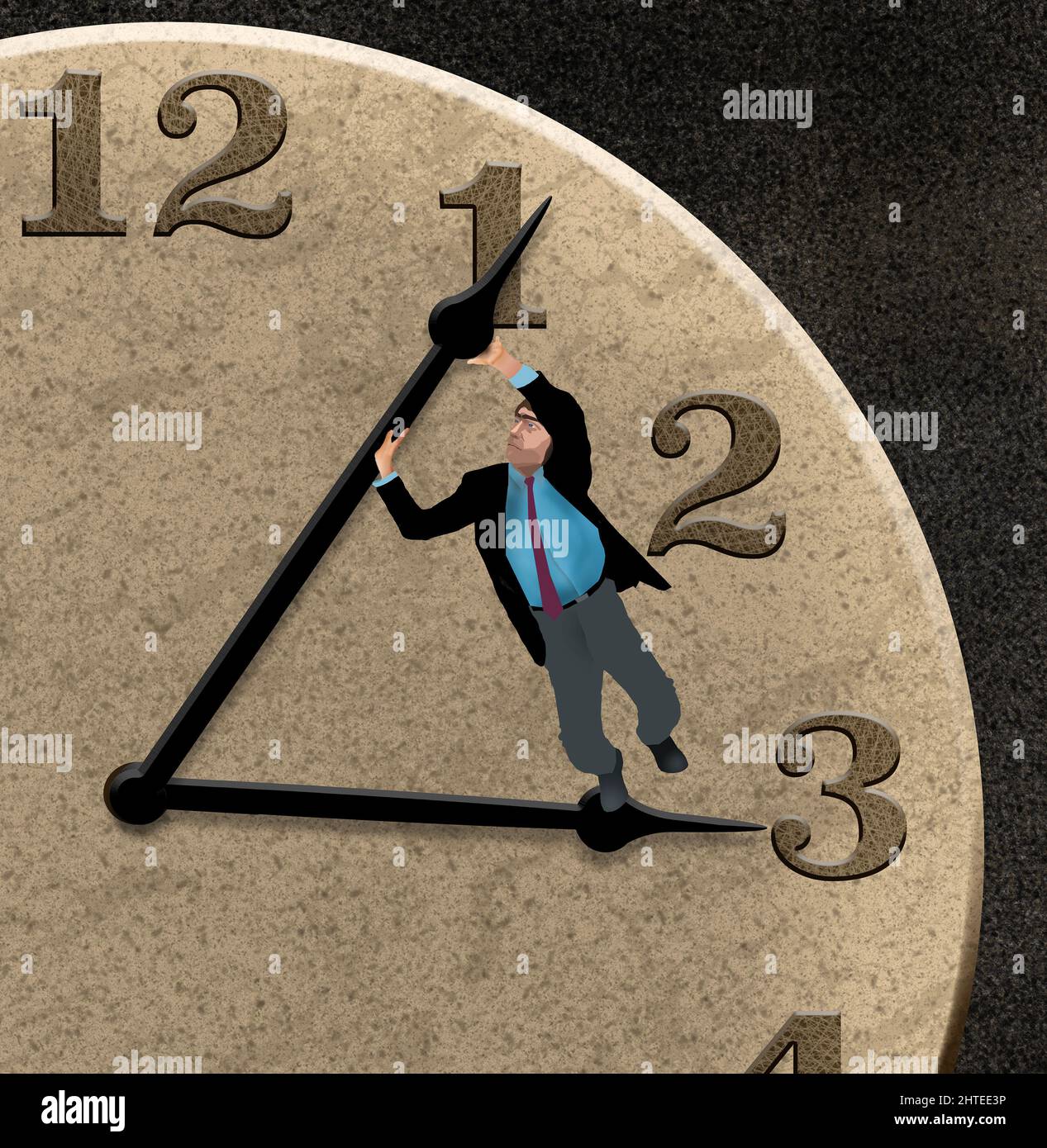 A man pushes back on an advancing clock hand in a 3-d illustration ... A man pushes back on an advancing clock hand in a 3-d illustration ...