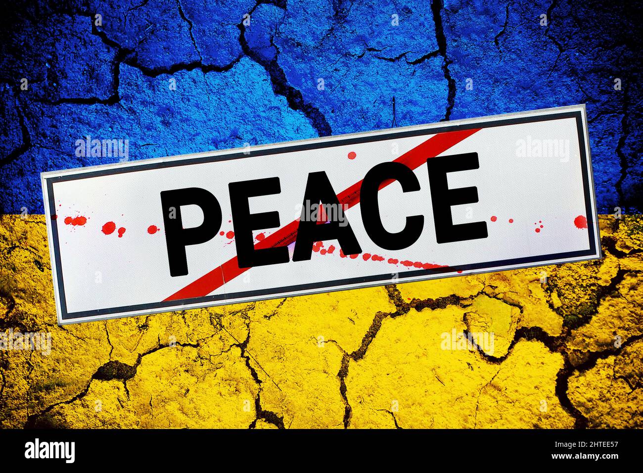 Crossed out word PEACE with blood splatter on a white road sign against ...