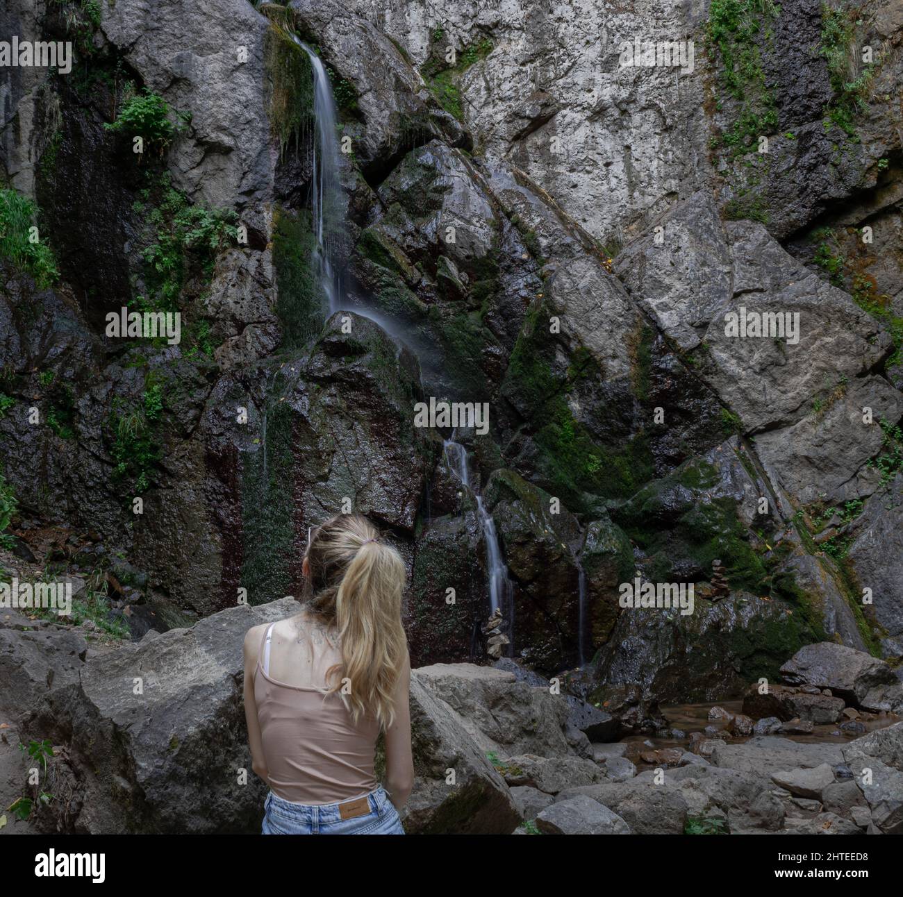 Back view of a blonde female looking at a waterfall Stock Photo - Alamy