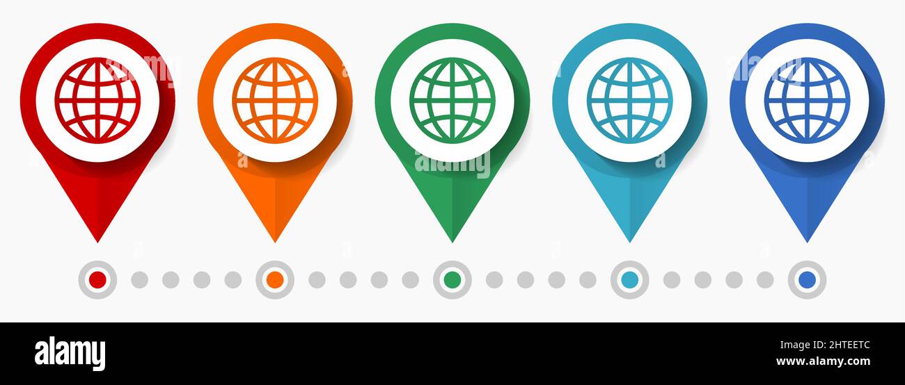 Globe, world concept vector icon set, flat design earth pointers ...