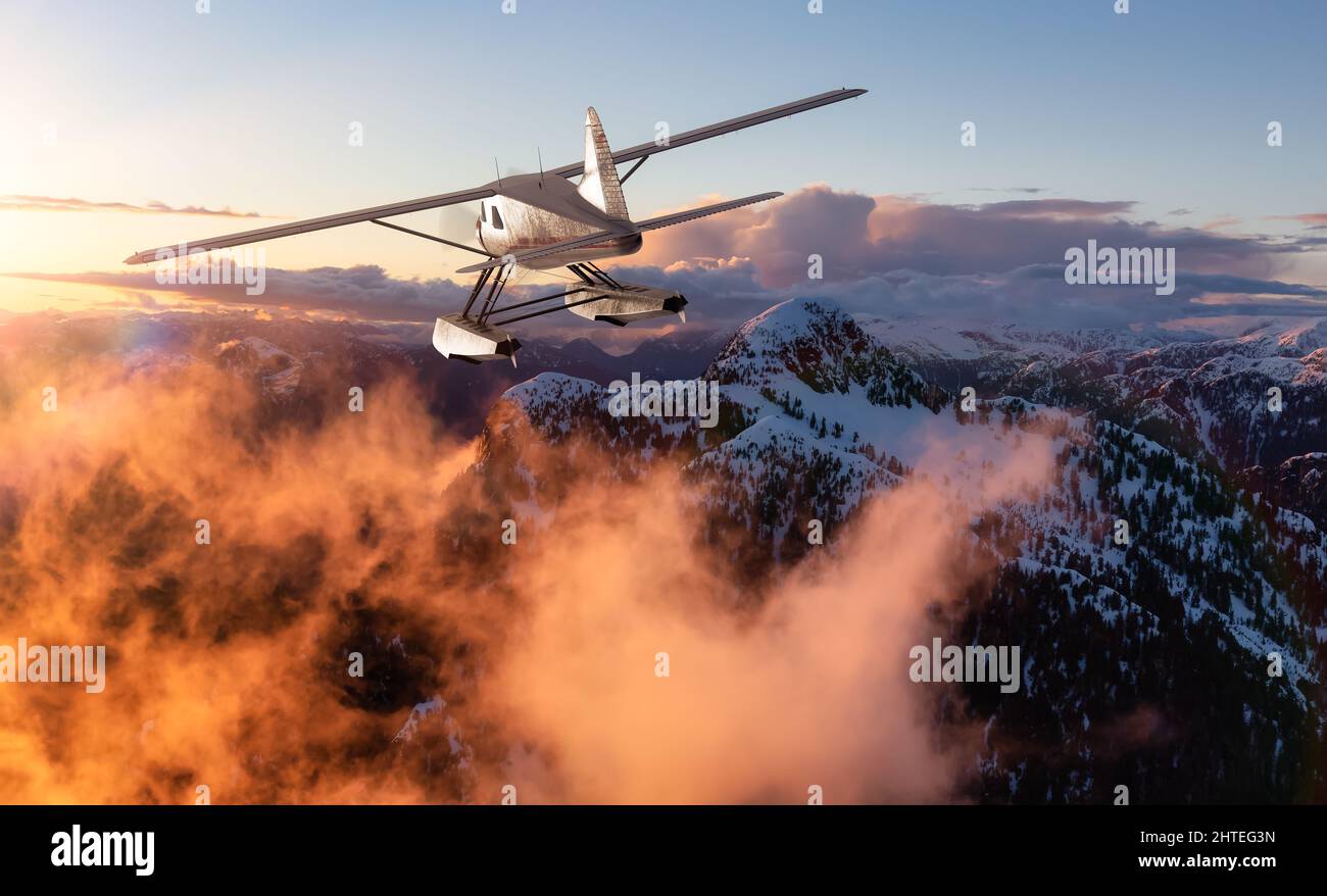 Single Engine Seaplane Flying over the Rocky Mountain Landscape Stock ...