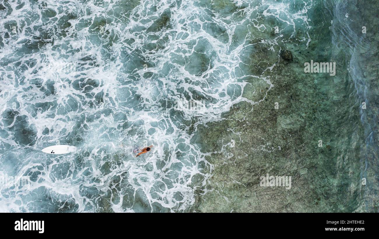 Aerial top view of a male surfer swimming away from the board Stock ...