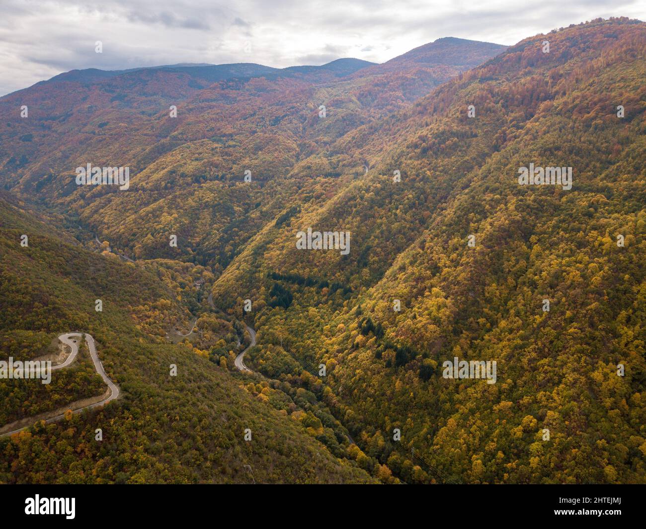 Scenic view of road along Rila mountain range in Bulgaria during autumn ...