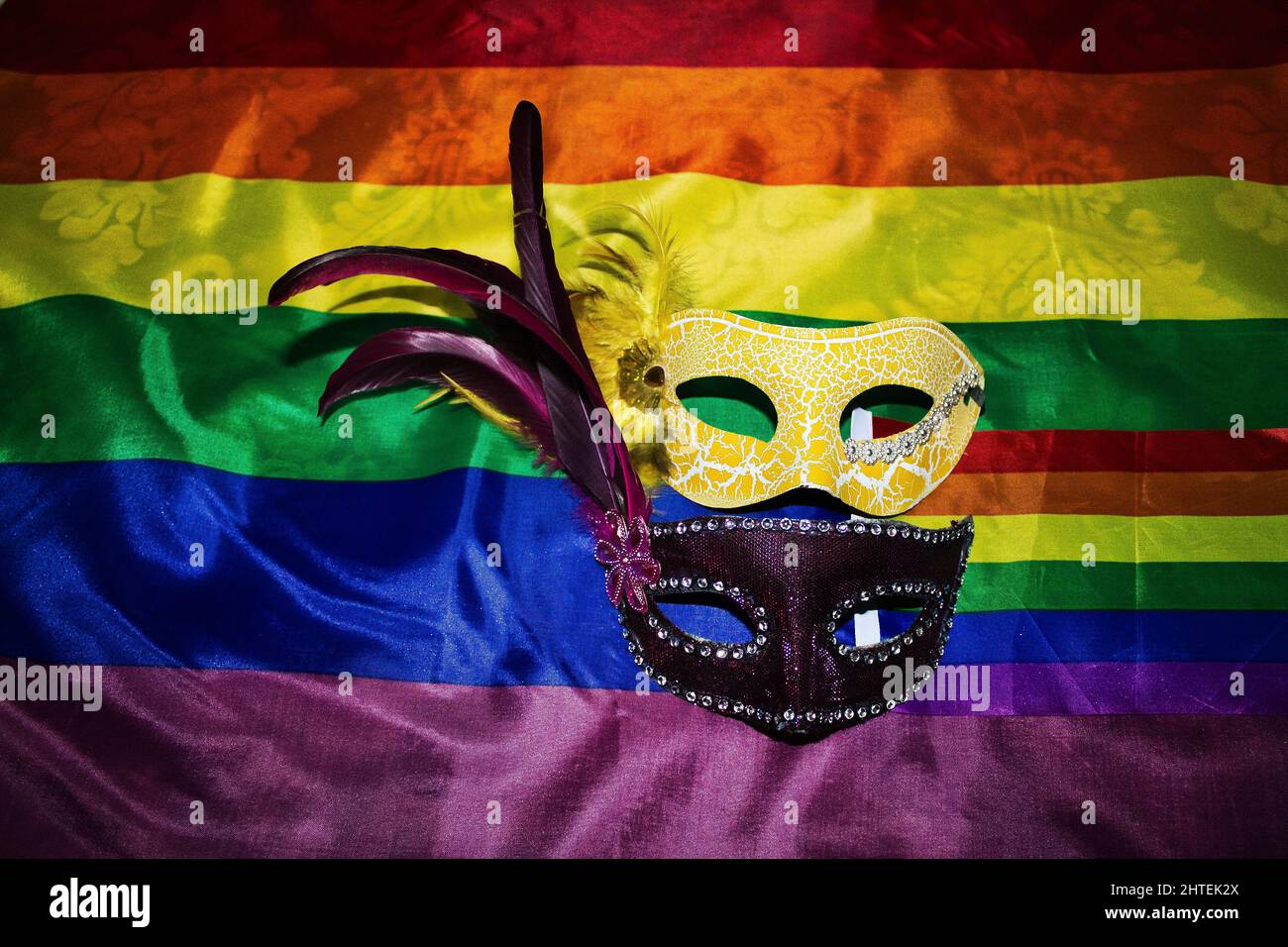 Two carnival masks with feathers on a gay pride flag Stock Photo - Alamy