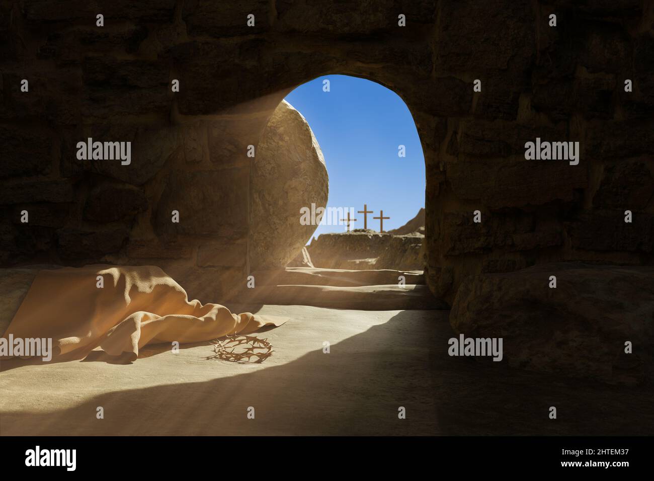 Empty tomb of Jesus Christ. Abandoned shroud and crown of thorns on the ...