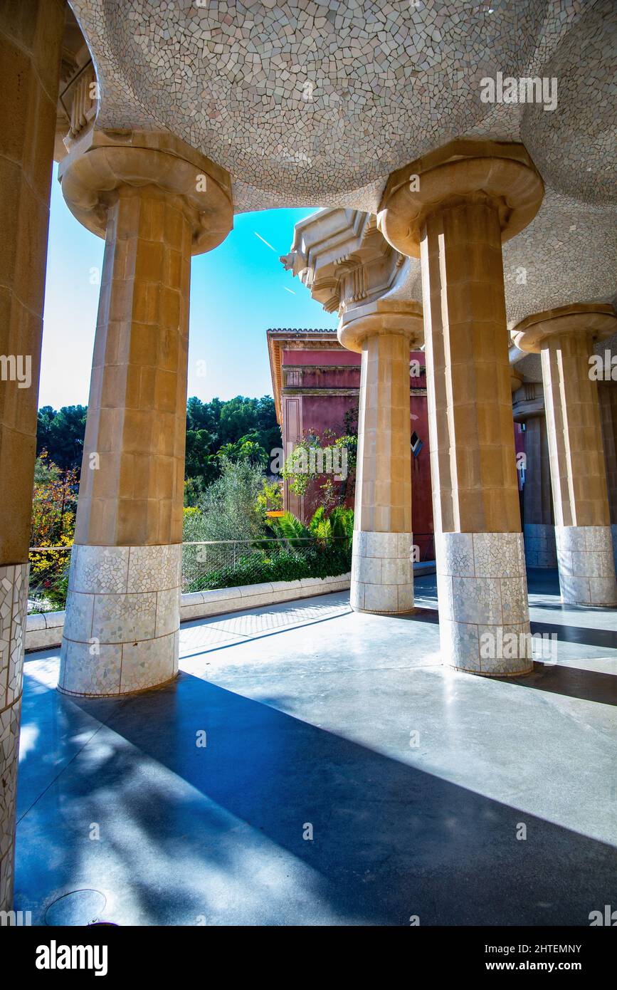 Hypostyle hall of Park Guell formed by 86 columns , Antonio Gaudi ...