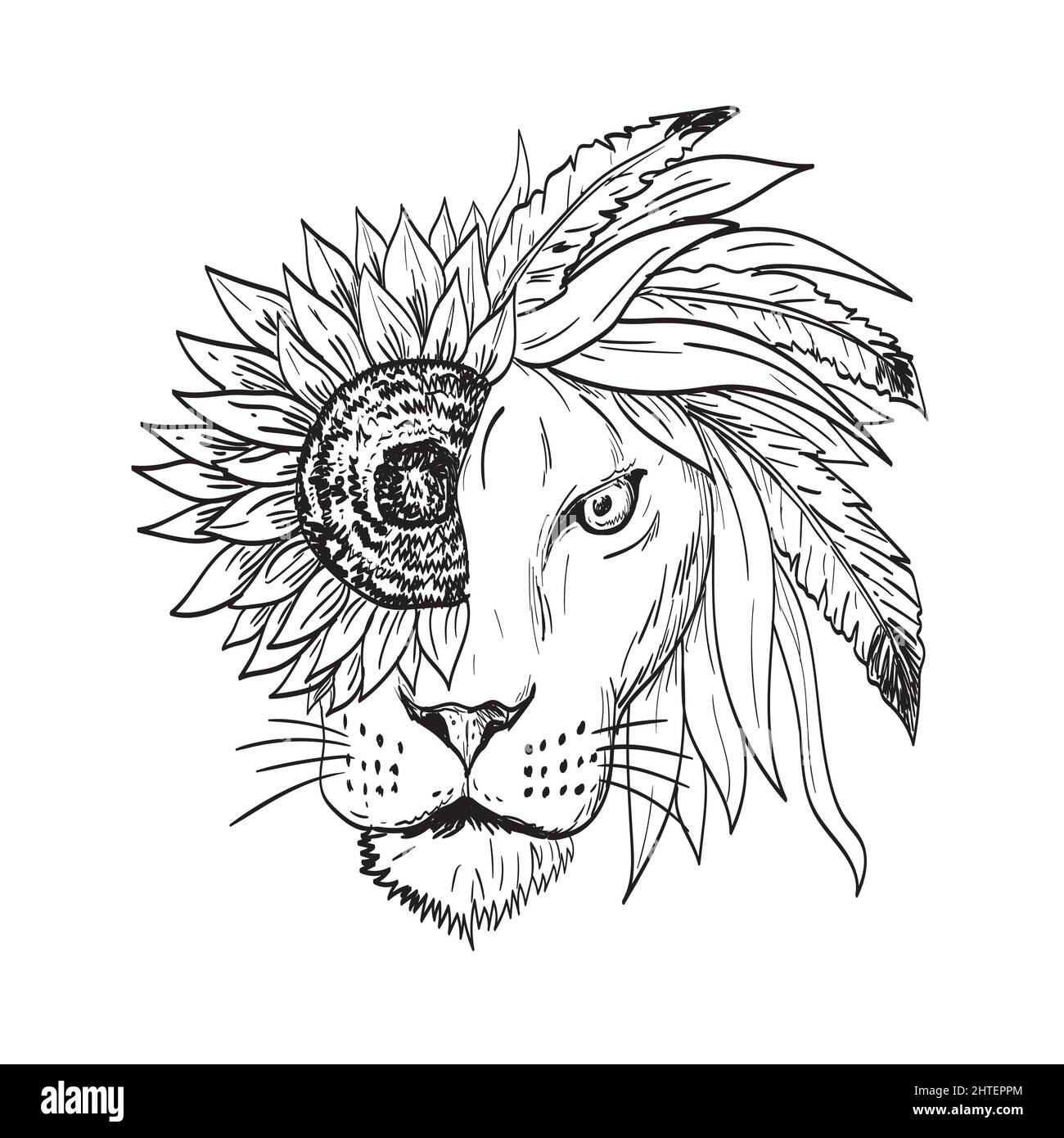 Illustration of a lion with sunflower, Helianthus, feather, and leaves ...