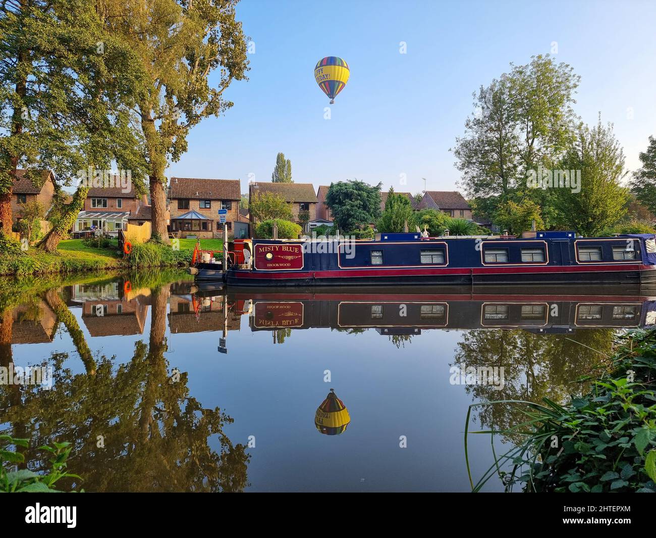 Hot air balloon over River Wey navigation, Godalming, Surrey Stock ...