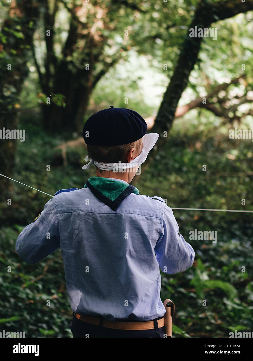 Back view of a boy scout exploring the forest, France Stock Photo - Alamy