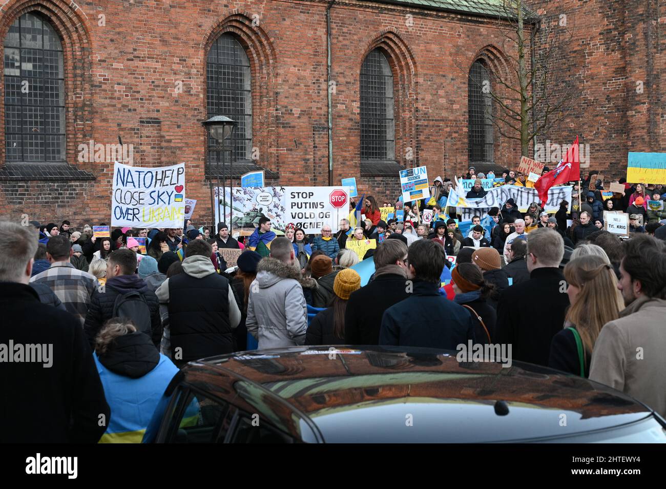 Crowd of people protesting against the Russian invasion of Ukraine ...