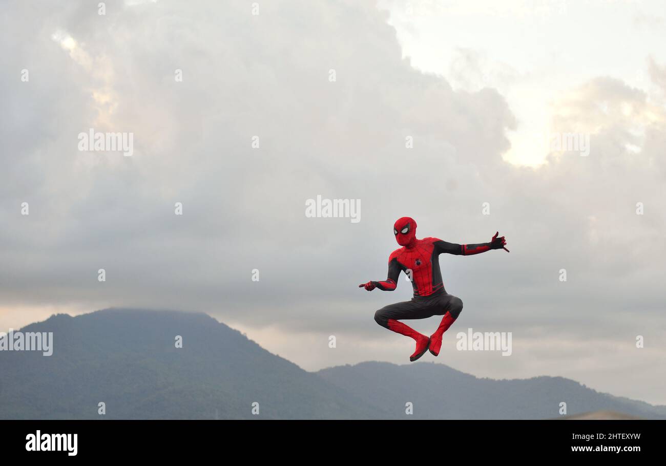Jumping Spiderman cosplay in Palopo, Indonesia Stock Photo - Alamy
