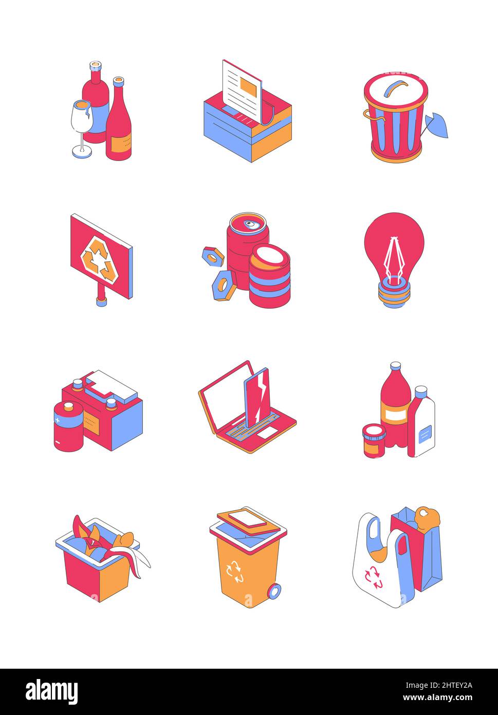 Types of recycling - modern isometric vector icon set. Editable stroke ...