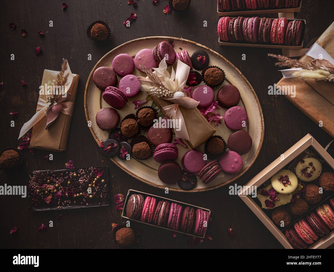 Tasty sweet pink macarons, still life, top view Stock Photo - Alamy