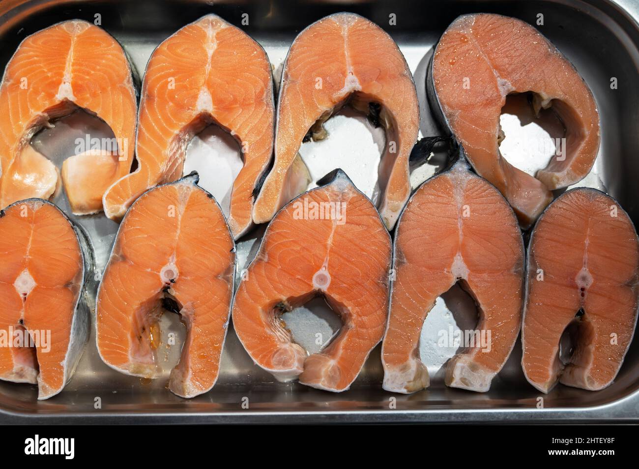 Salmon steaks fish closeup in a market. Healthy eating and fish market ...