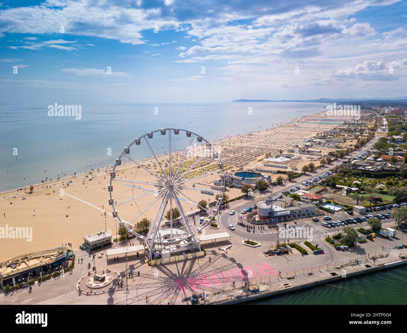 Aerial view of the Ferris wheel of Rimini (La Ruota Panoramica) and the ...