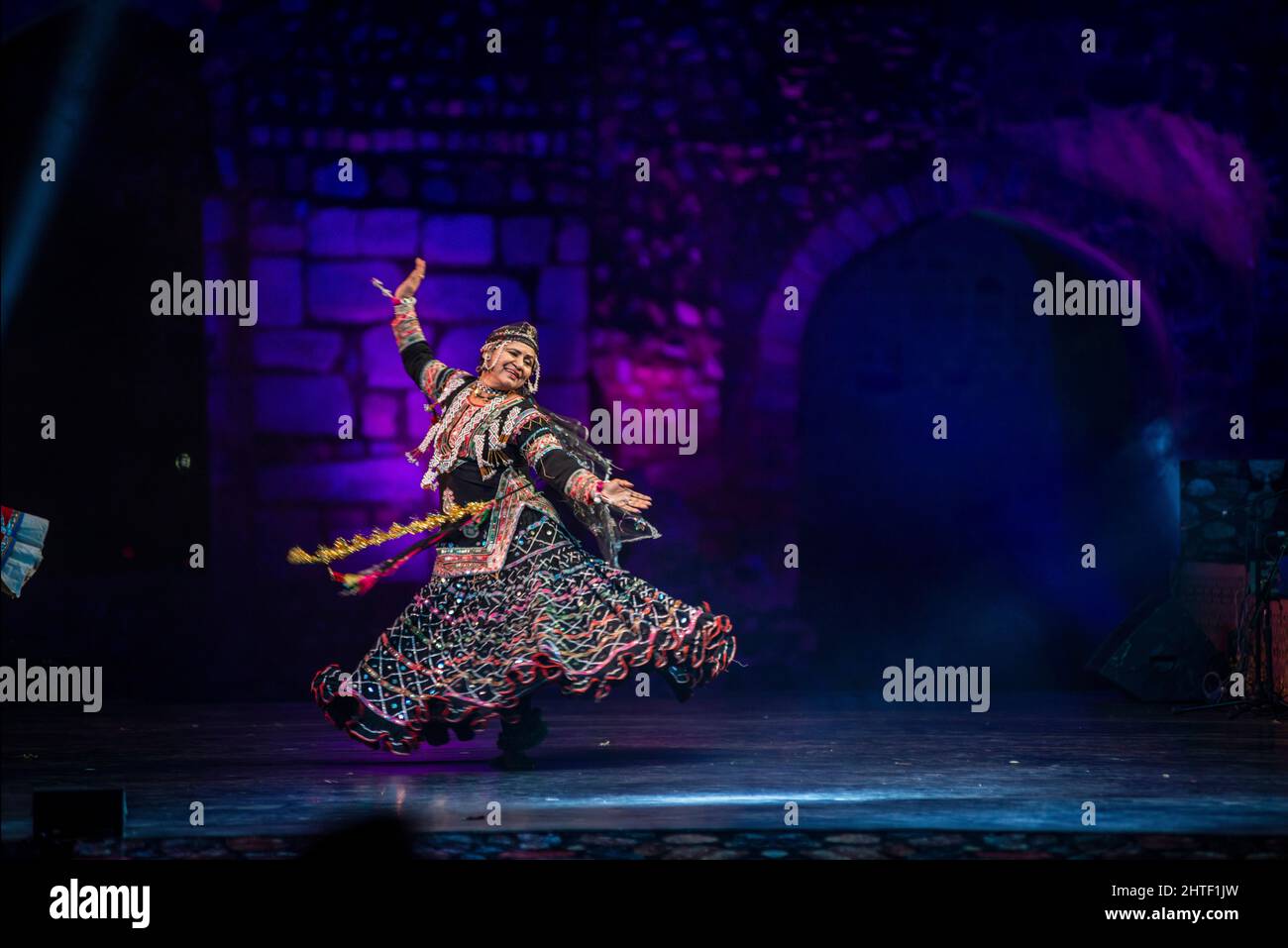 Dancer of Gulabi sapera party performs kalbelia dance during the celebration.The event is being ...