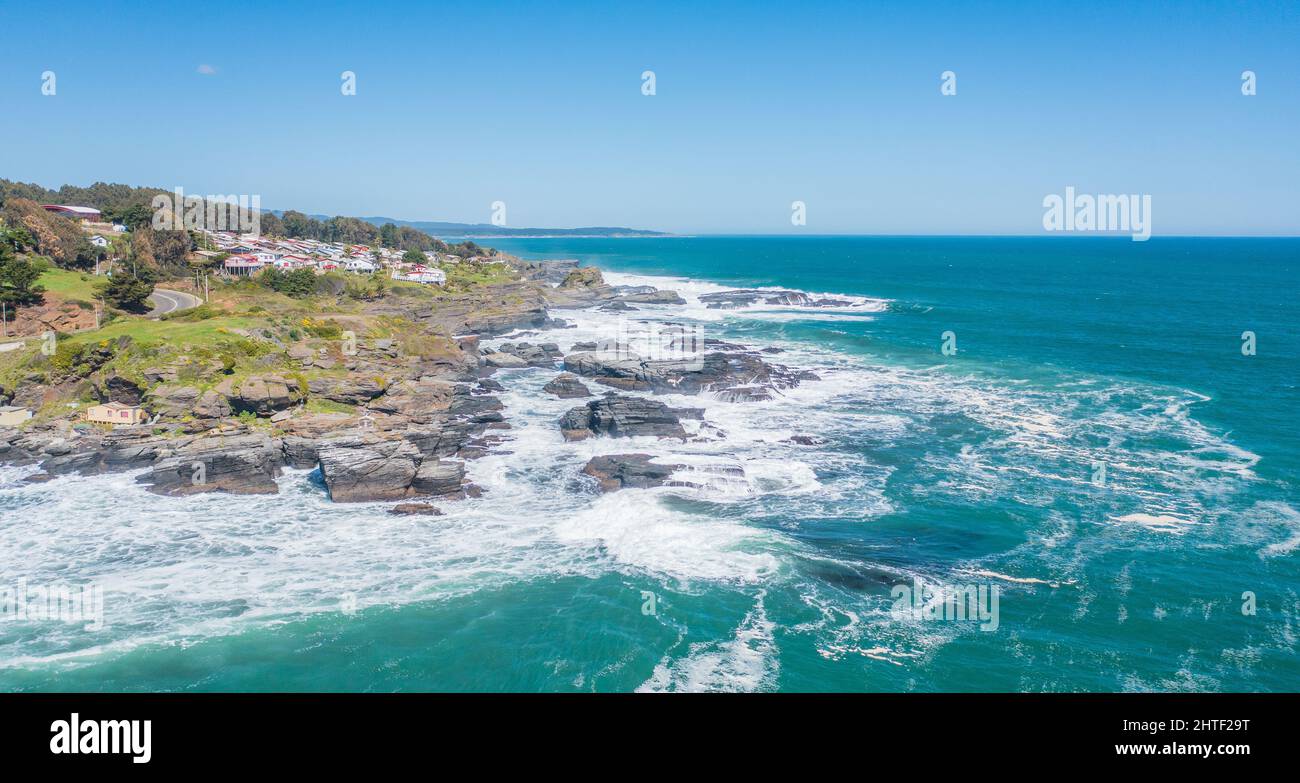 caleta pellines constitucion maule chile, aerial view from drone ...