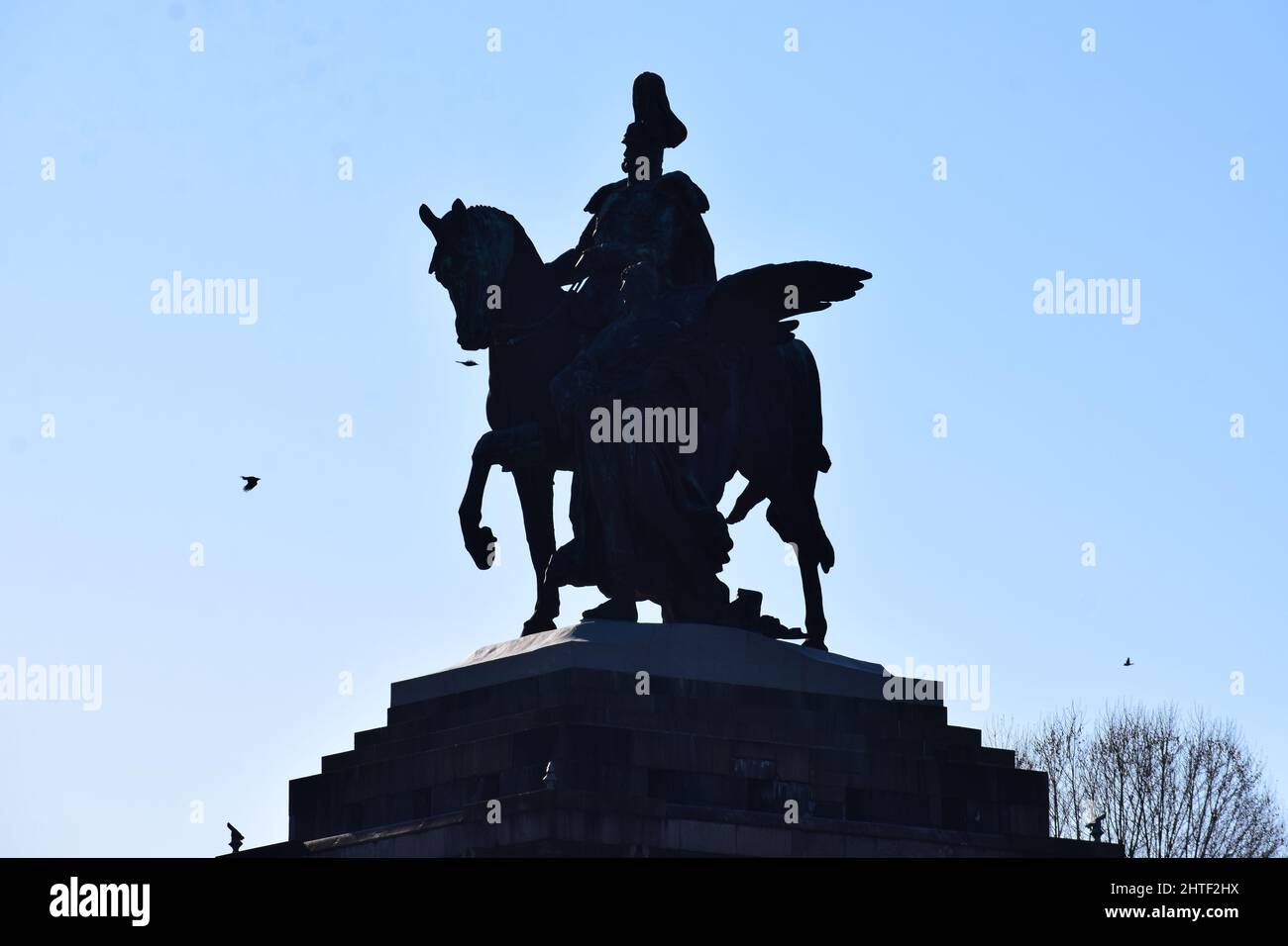 Deutsches Eck in Koblenz, Mosel estuary with the statue of Kaiser ...