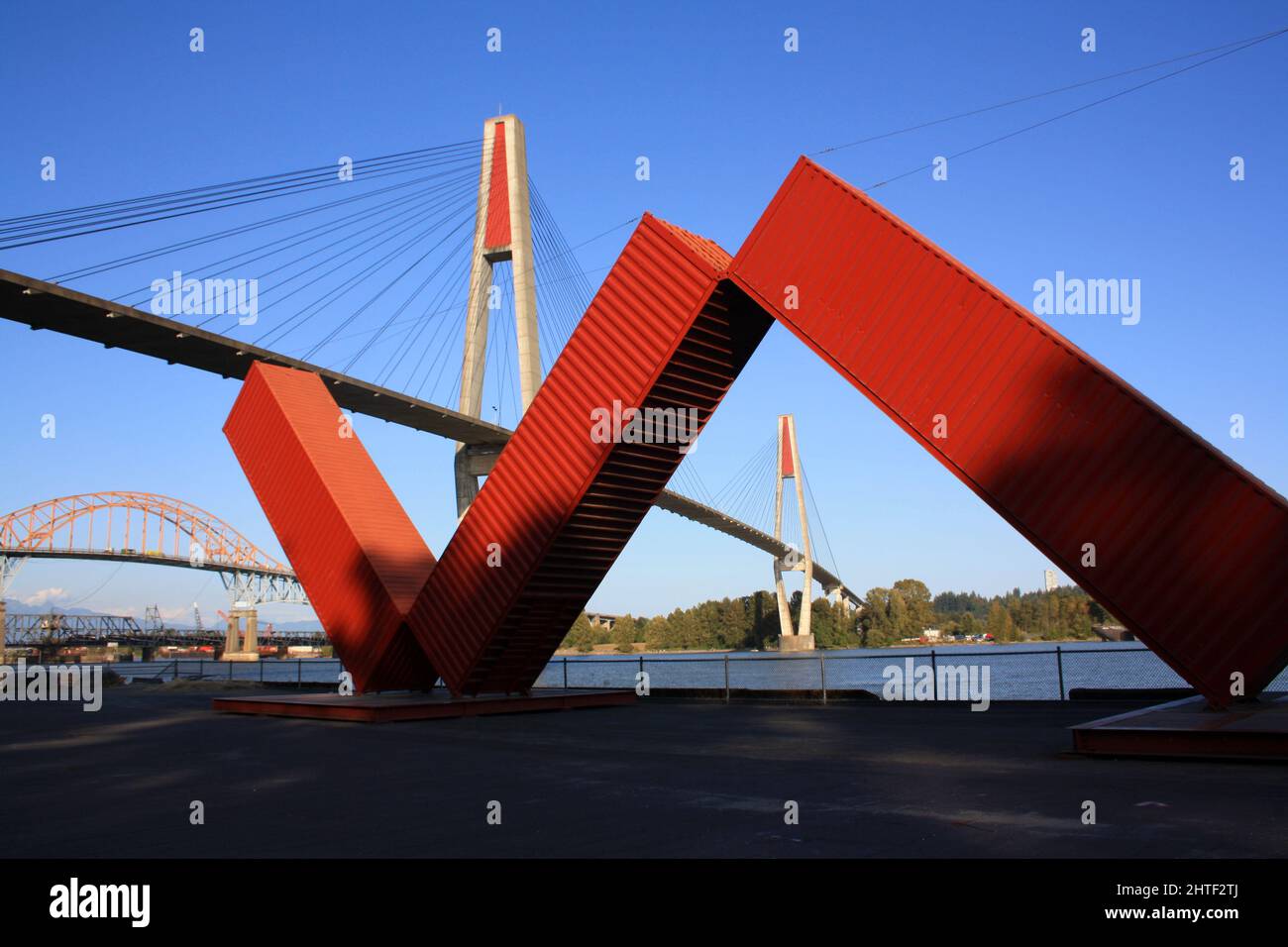 Container monument at Fraser River waterfront in New Westminster ...