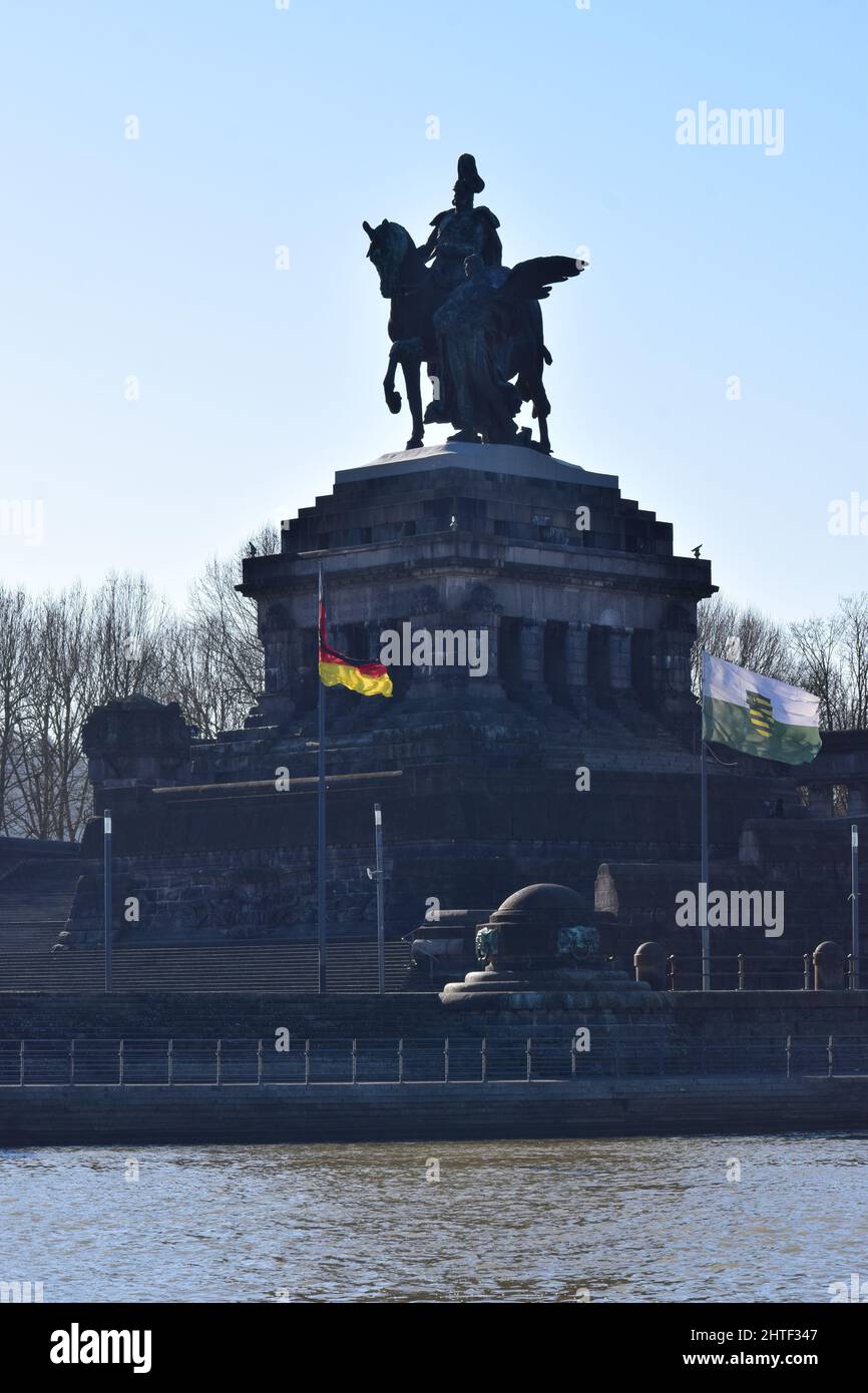Deutsches Eck in Koblenz, Mosel estuary with the statue of Kaiser ...