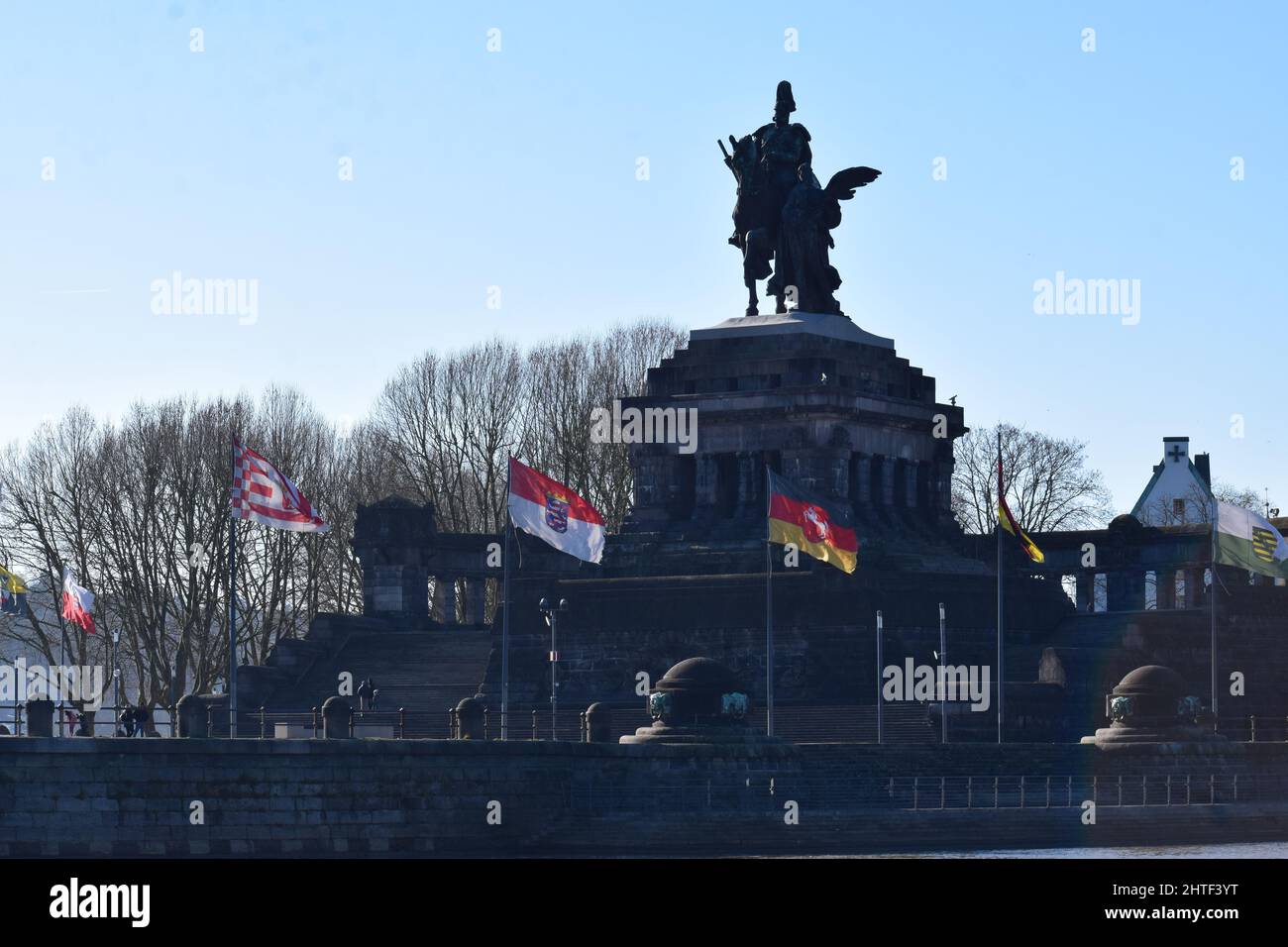 Deutsches Eck in Koblenz, Mosel estuary with the statue of Kaiser ...