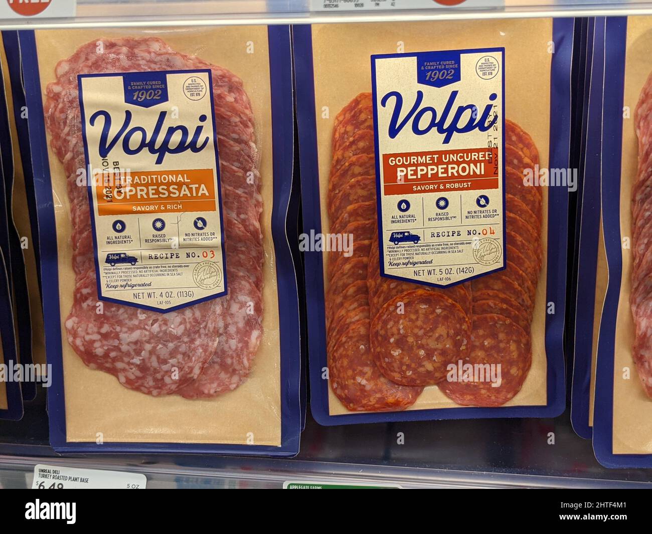 Volpi pepperonis and sopressatas in a packaging Stock Photo - Alamy