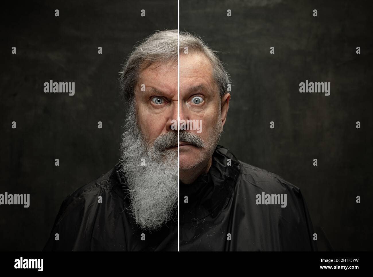Composite image made of portrait of shocked grey-bearded senior man ...