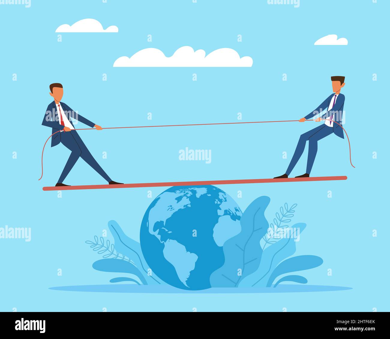 Competition for power over world. Businessmen play tug of war game ...