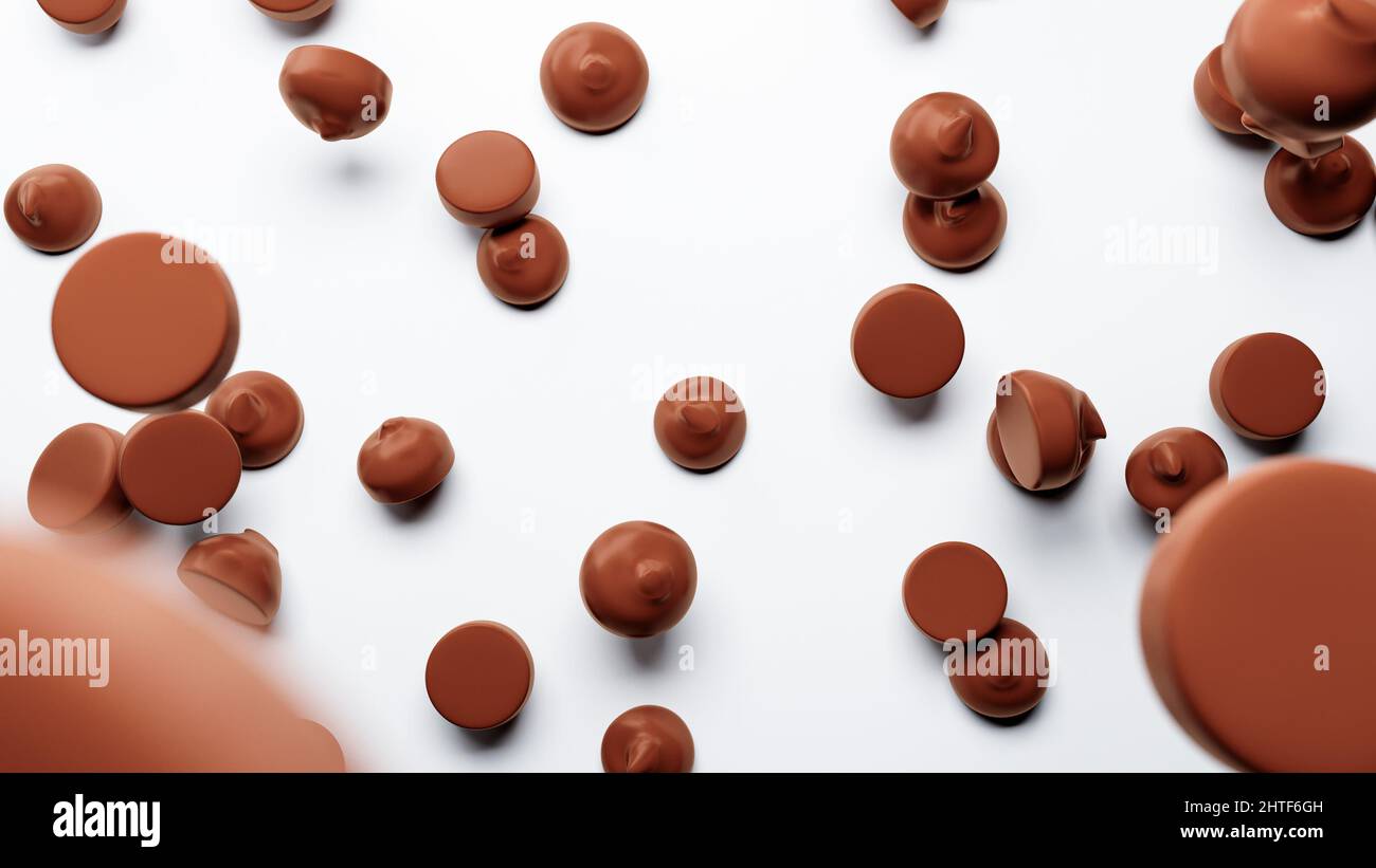 3D rendering of the chocolate chips falling on an isolated white floor ...