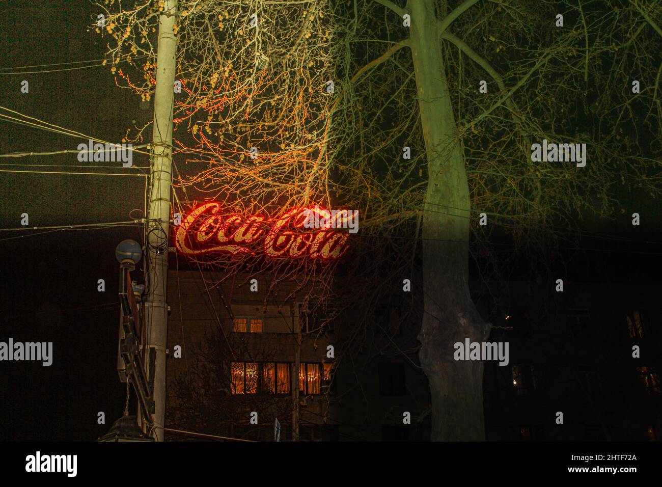 Illuminated Coca Cola Banner at night in Yerevan, Armenia Stock Photo ...