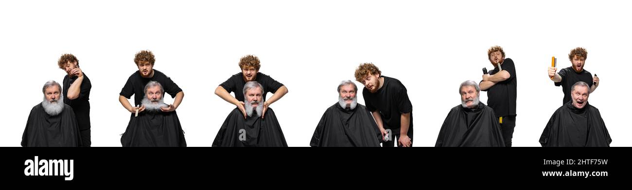 Set of portraits of young red-headed male barber doing creative haircut ...
