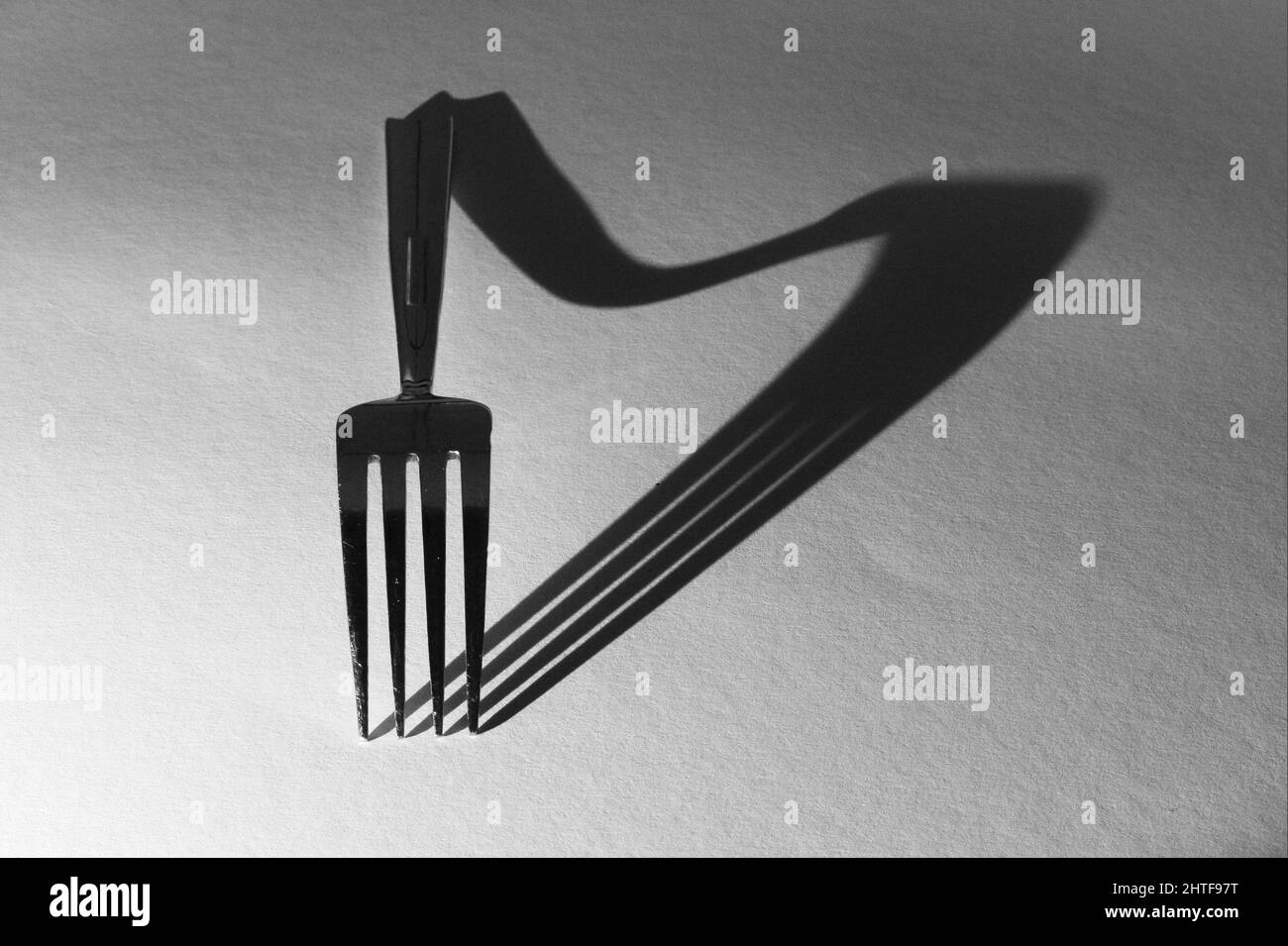 Closeup grayscale of the metal fork with its shadow on the shiny ...