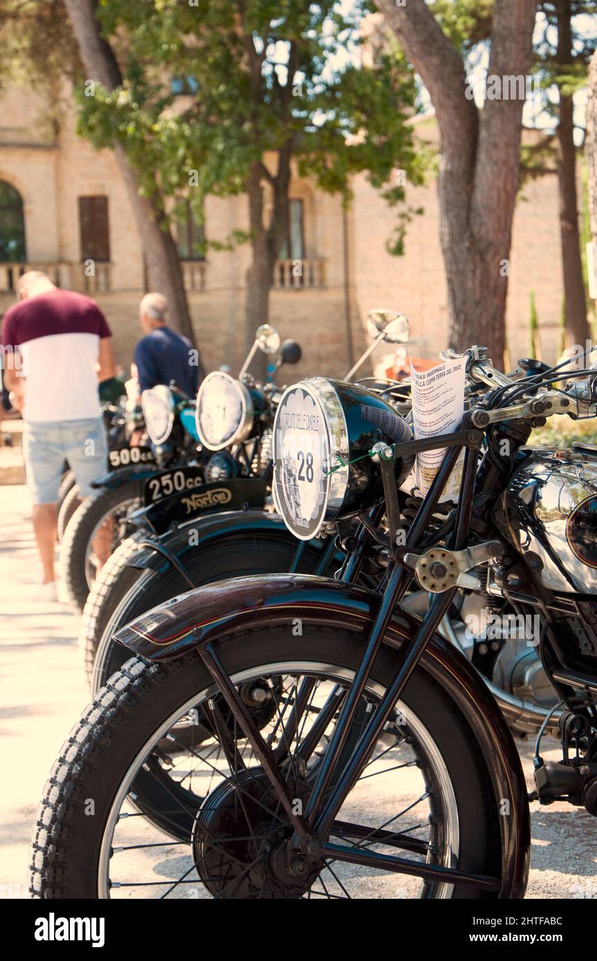 Row of old Benelli motorcycles exhibited outdoors Stock Photo - Alamy