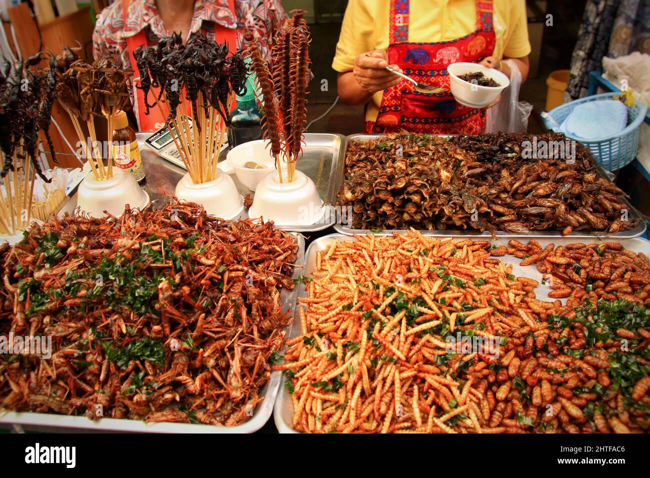 Pile of fried silkworms, scorpions, crickets, and locust in Bangkok ...