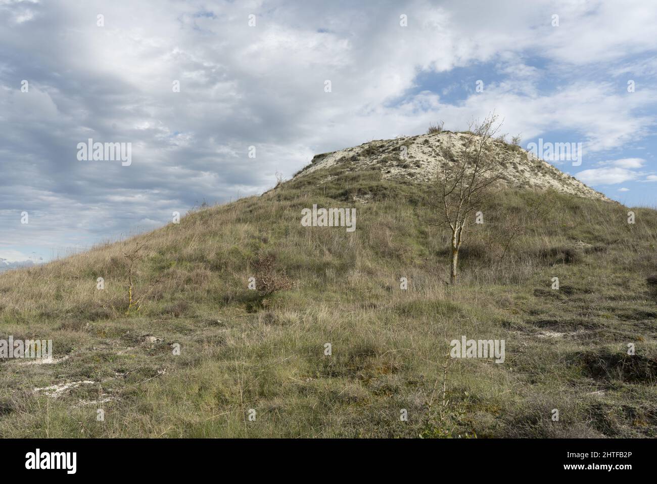Low angle shot of a hill covered in dried grass under the cloudy sky ...