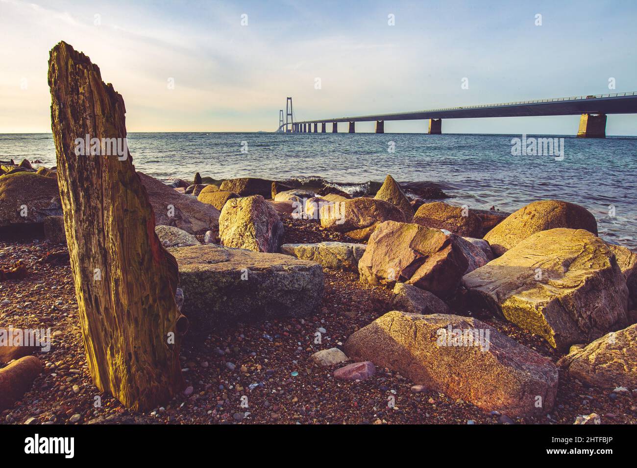 Historical Great Belt Bridge crossing the Great Belt strait in Denmark ...