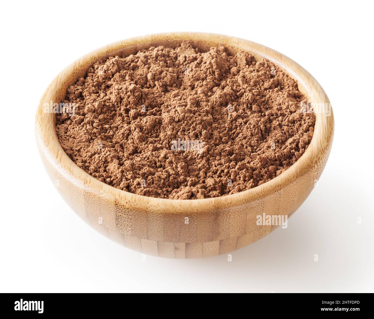 Cocoa powder in wooden bowl isolated on white background with clipping ...