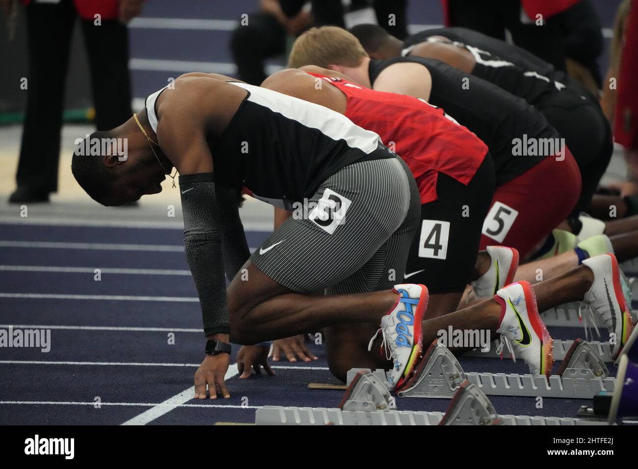 Jaylan Mitchell in the starting blocks of a 60m heat during the USA ...