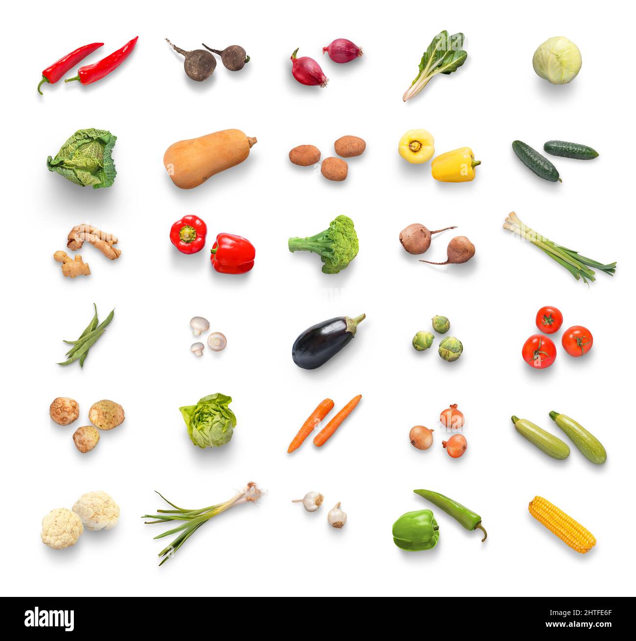 Vegetables of different colors isolated with shadow, top view Stock ...