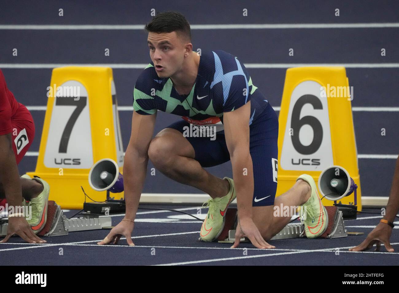 Devon Allen in the starting blocks of the 60m hurdles during the USA ...