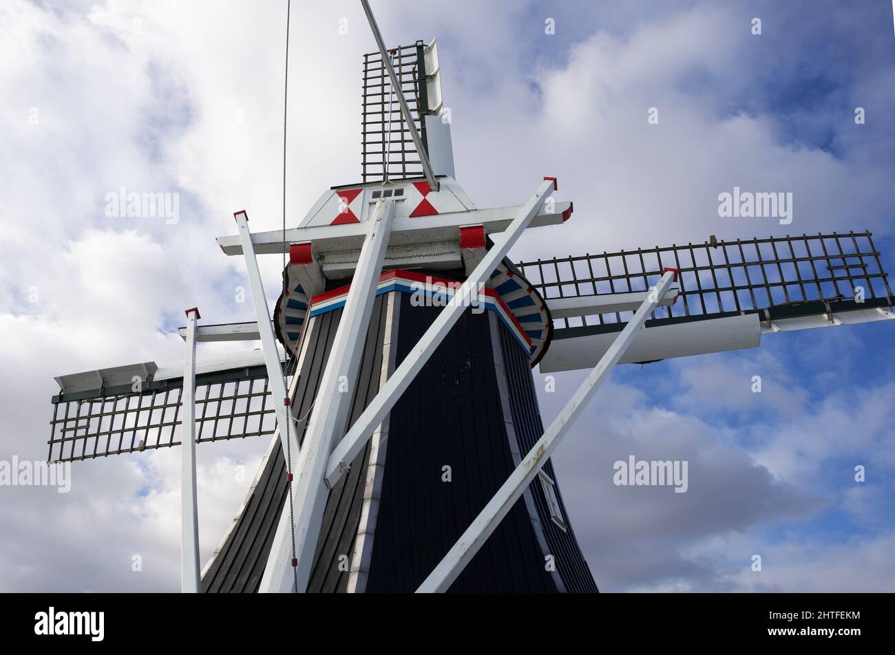 Typical dutch windmill in winter with frozen water and blue sky with ...