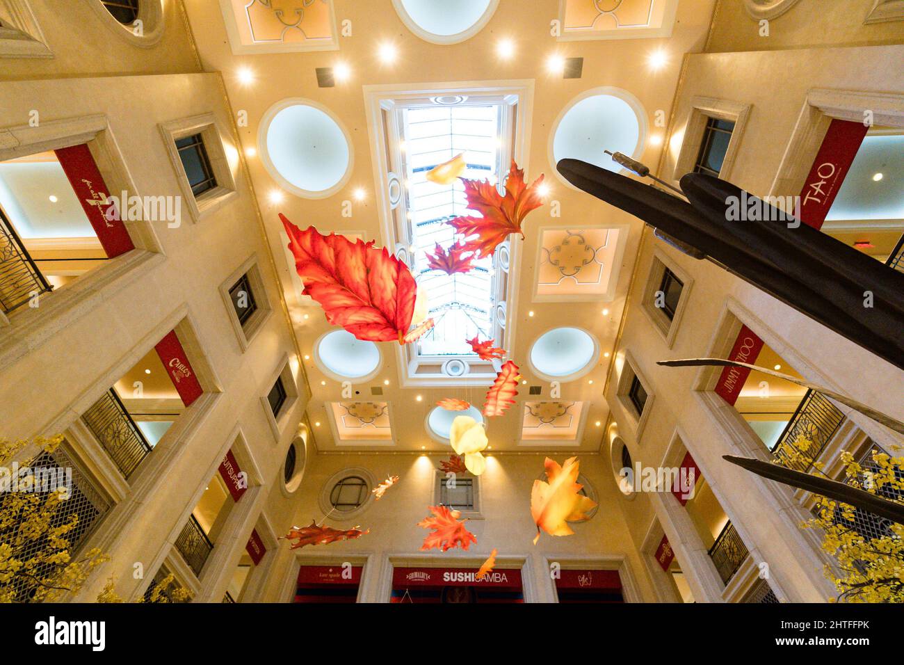 Low angle of the decorative autumn leaves hanging from the ceiling of a ...