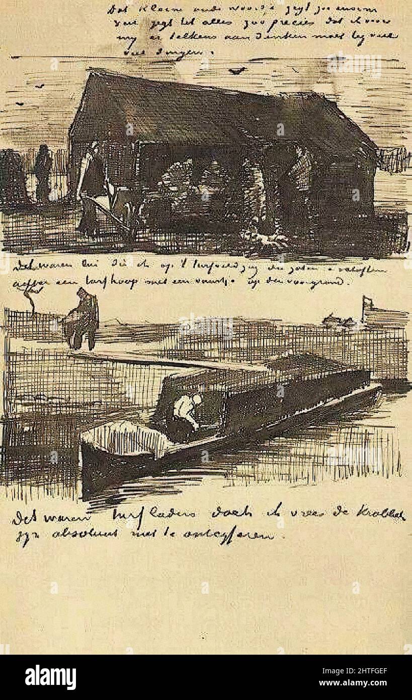Vincent Van Gogh - Workman Beside Mound Peat Peat Boat with Two Figures ...