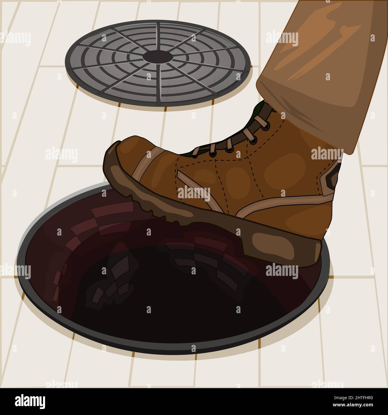 Human leg on open manhole. Man step in city sewer hole. Business risks ...