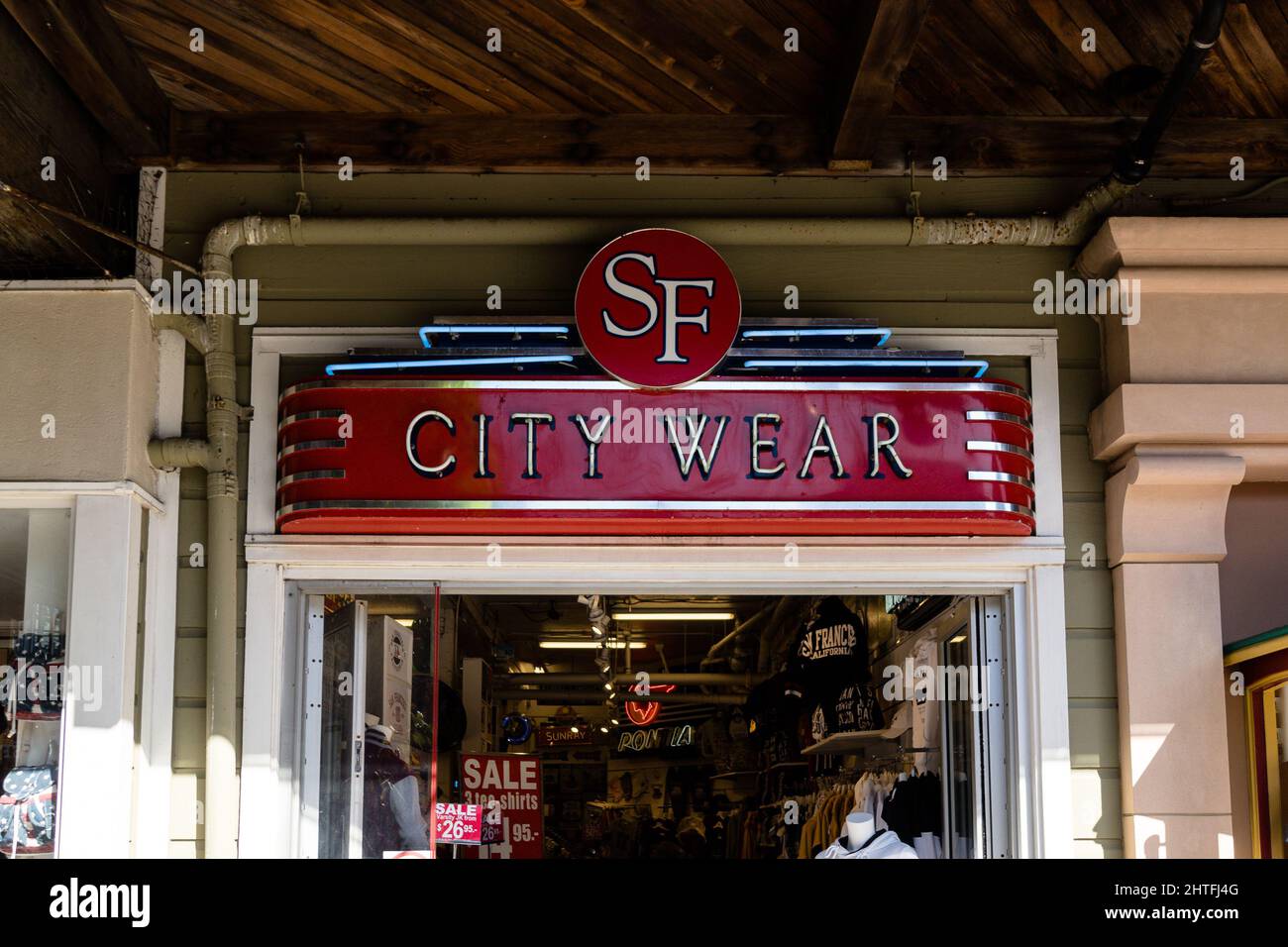 Red sign of SF CITY WEAR clothing store in San Francisco, California ...
