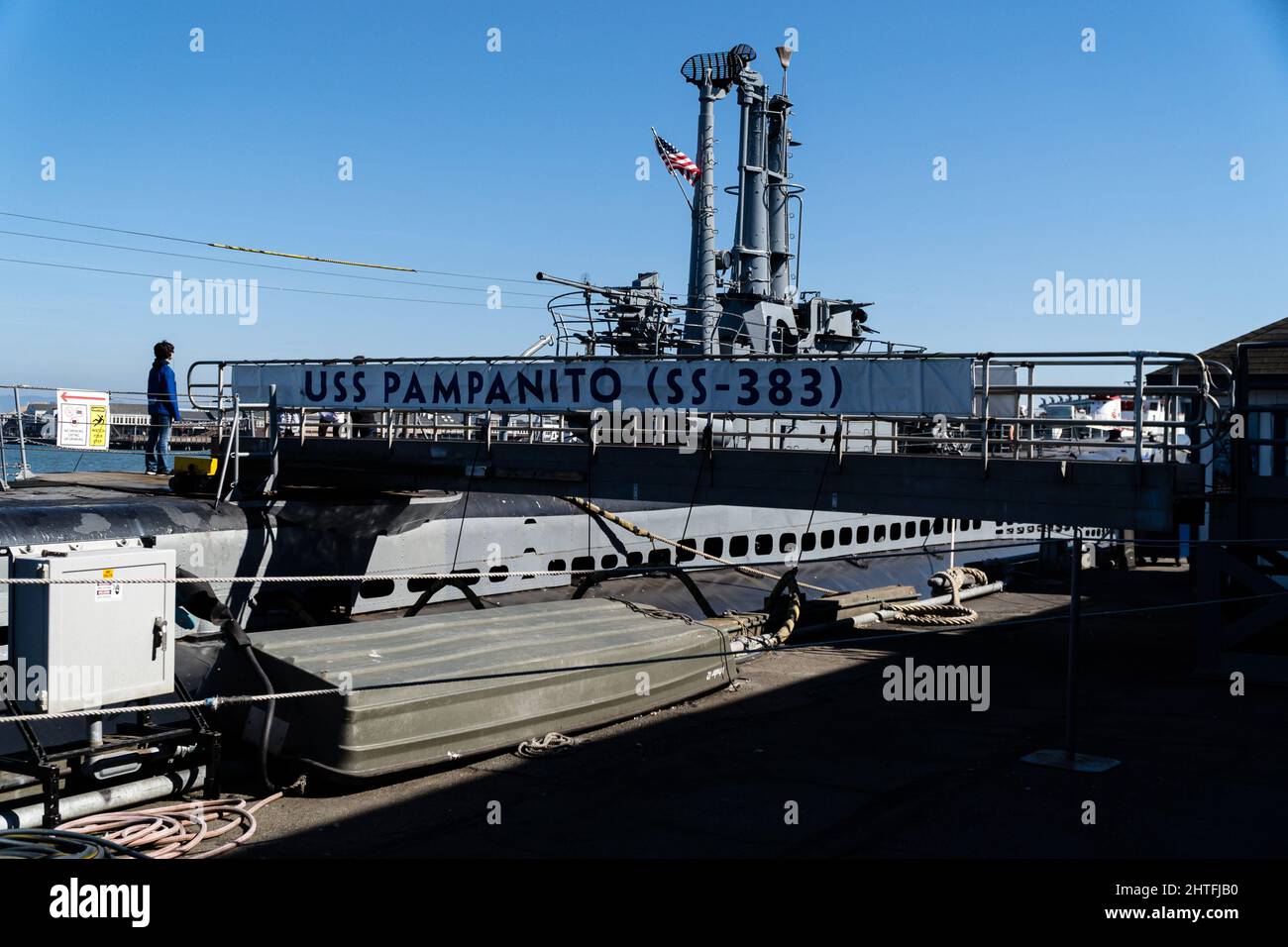 Wide shot of the USS Pampanito Visitor tourist in San Francisco Pier 45 ...
